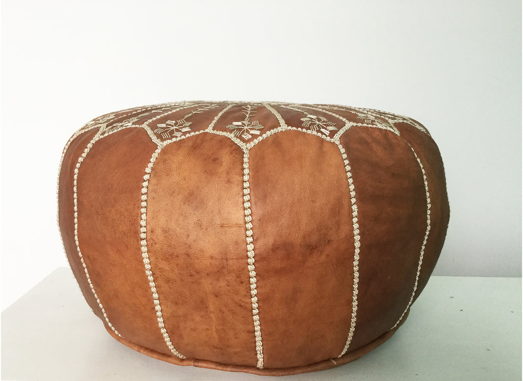 Embroidered Moroccan Pouf, Brown leather pouf with embroidery, Canada ...
